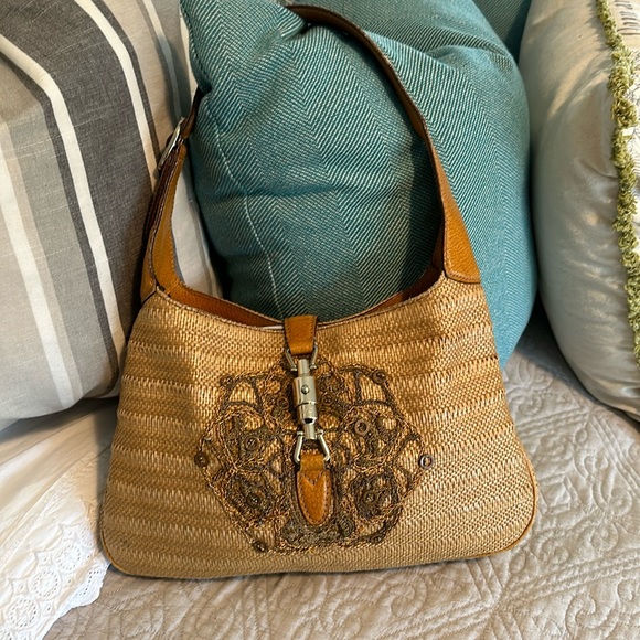 Gucci | Bags | Gucci Limited Edition Raffia Straw Leather Jackie ...